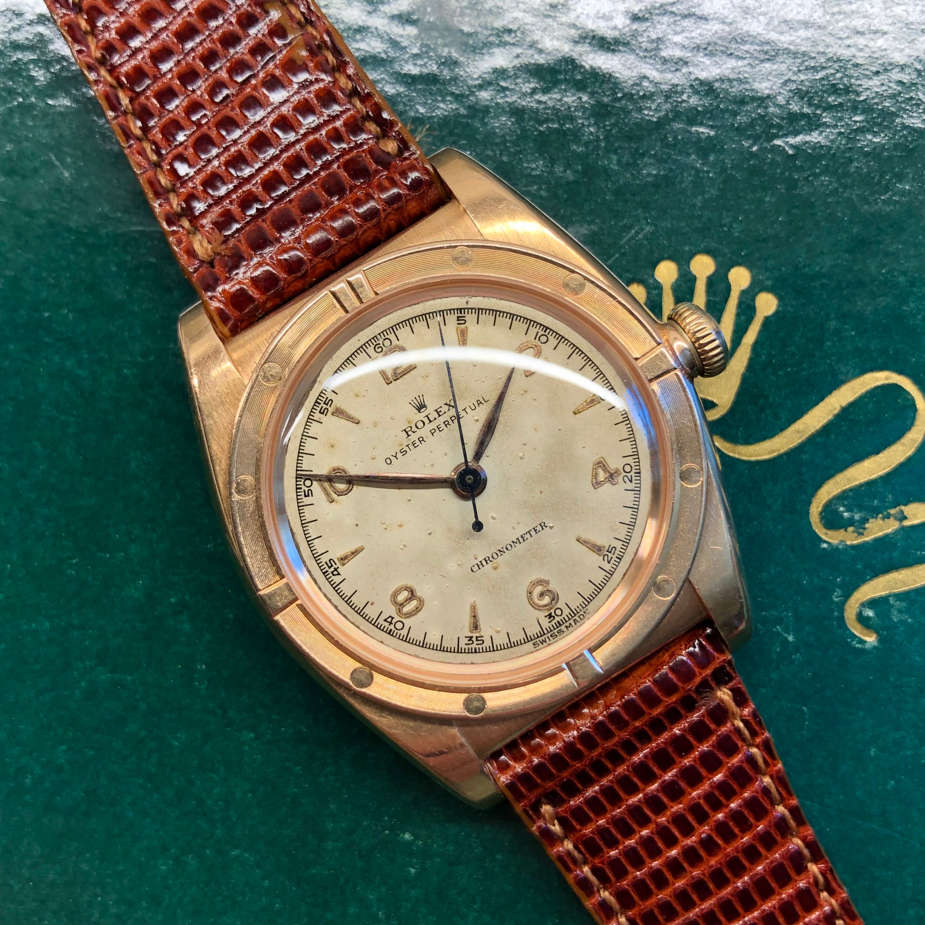 1946 Rolex Oyster Perpetual Bubbleback 3372 Chronometer 14K Rose Gold Automatic Wristwatch ...