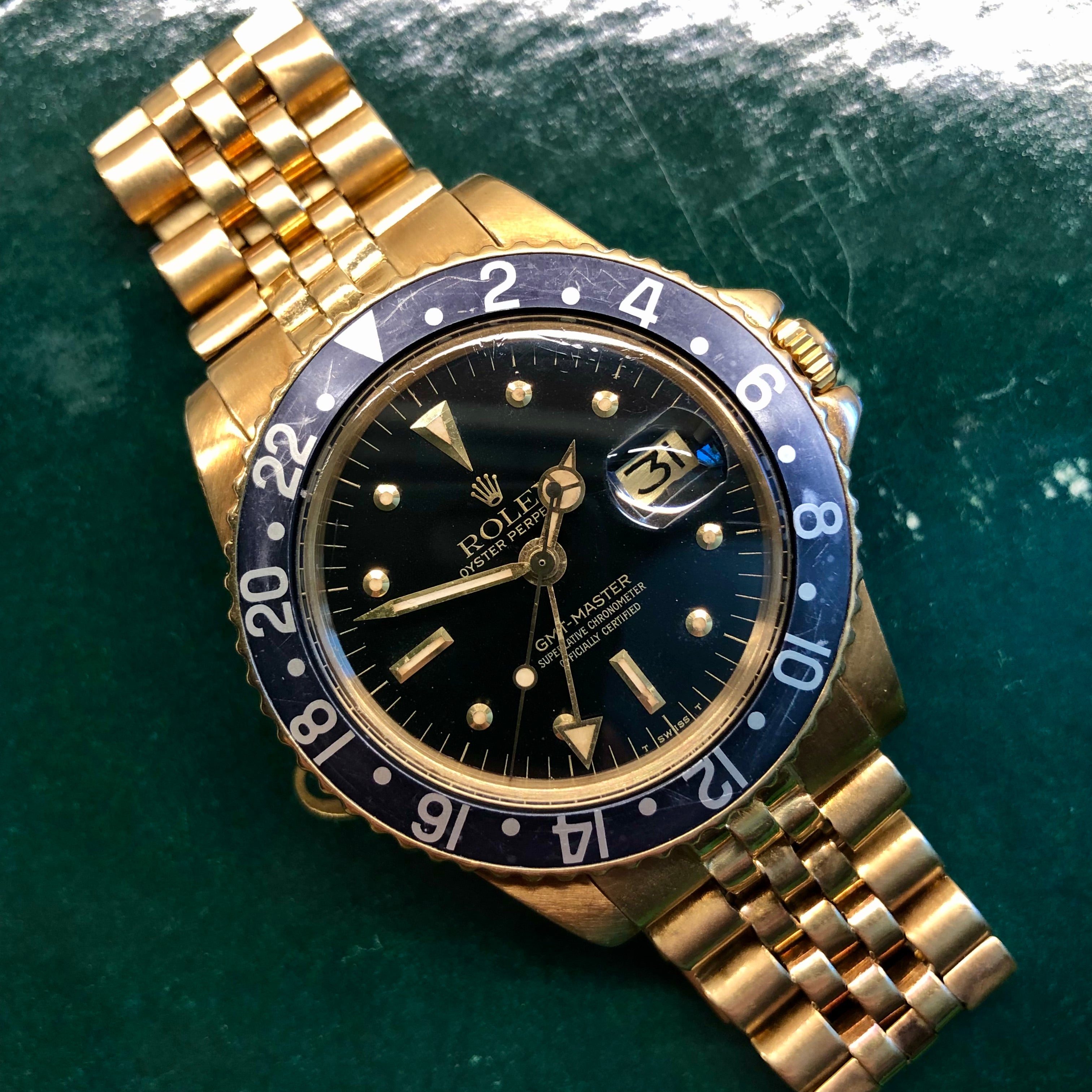 1969 Rolex GMT MASTER 1675 Black Nipple Dial 18K Yellow Gold Automatic ...