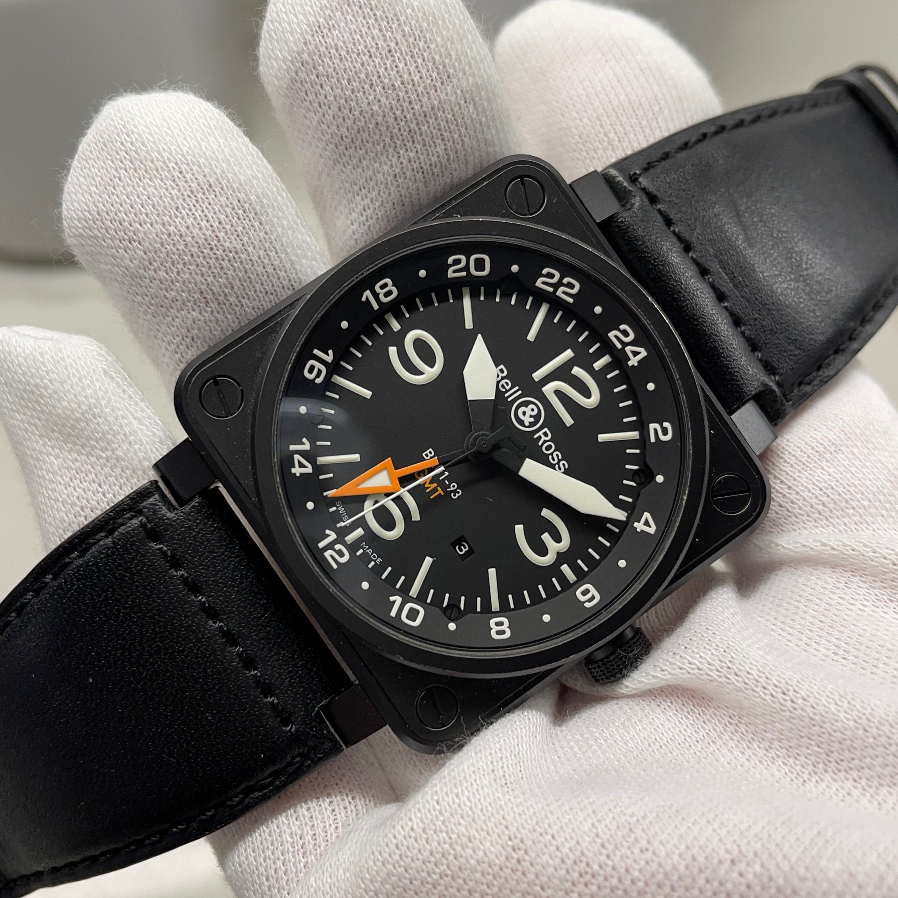 Bell & Ross BR01-93 GMT Black Automatic Date Mens Leather Wristwatch ...