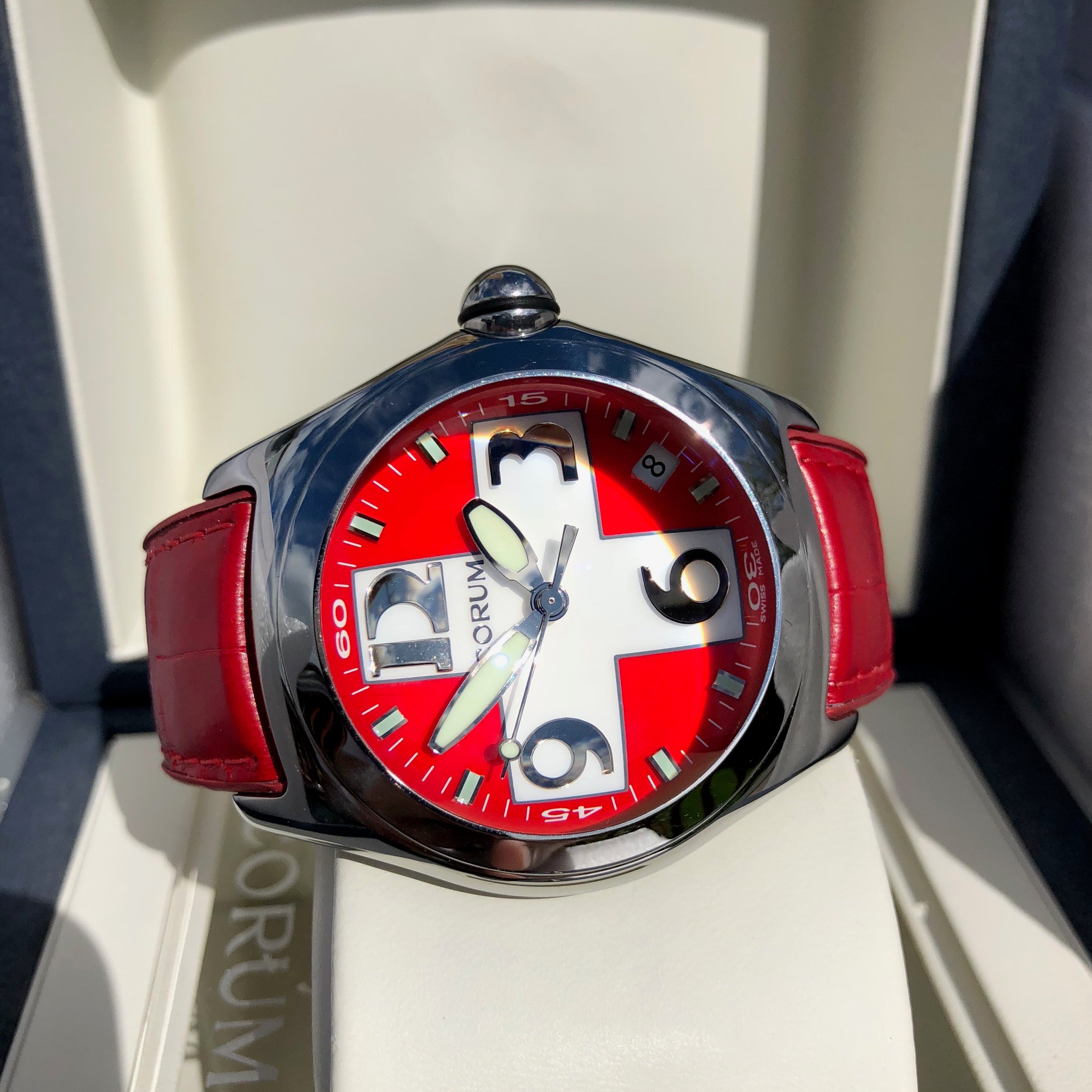 Corum Bubble Swiss Flag 163.150.20 45mm Stainless Steel Red Leather ...