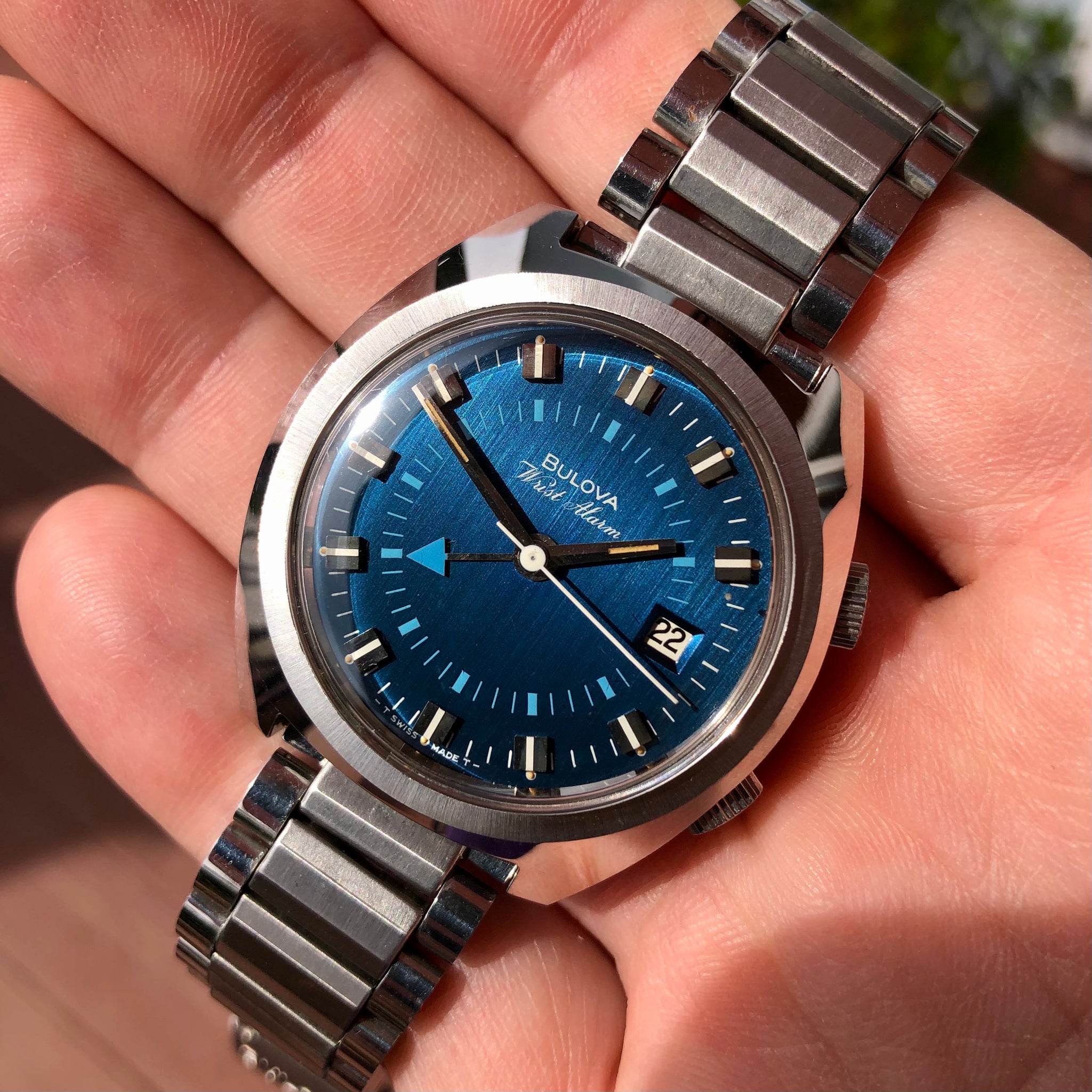 1970s Bulova Wrist Alarm Blue Dial Stainless Steel Vintage Wristwatch ...