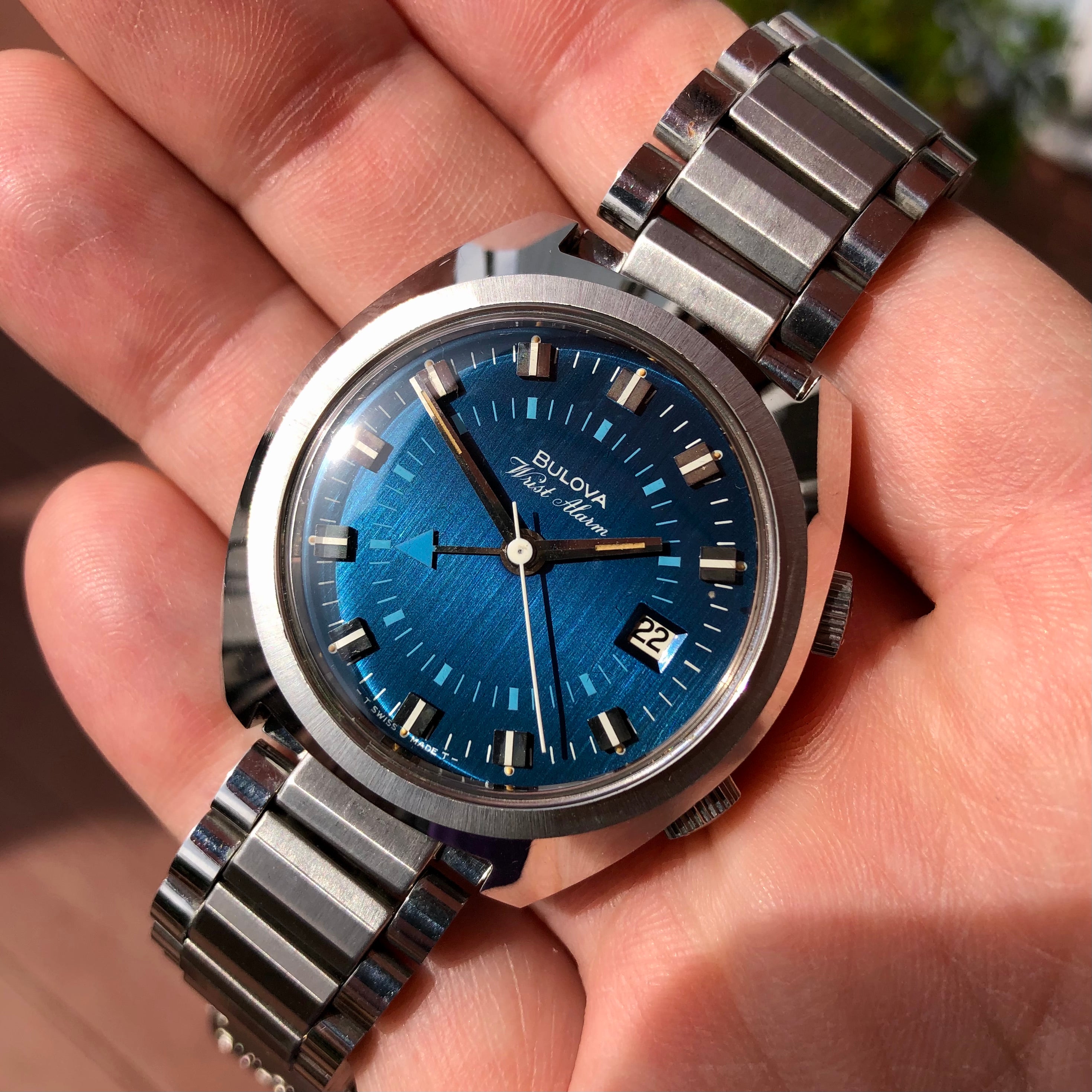1970s Bulova Wrist Alarm Blue Dial Stainless Steel Vintage Wristwatch ...